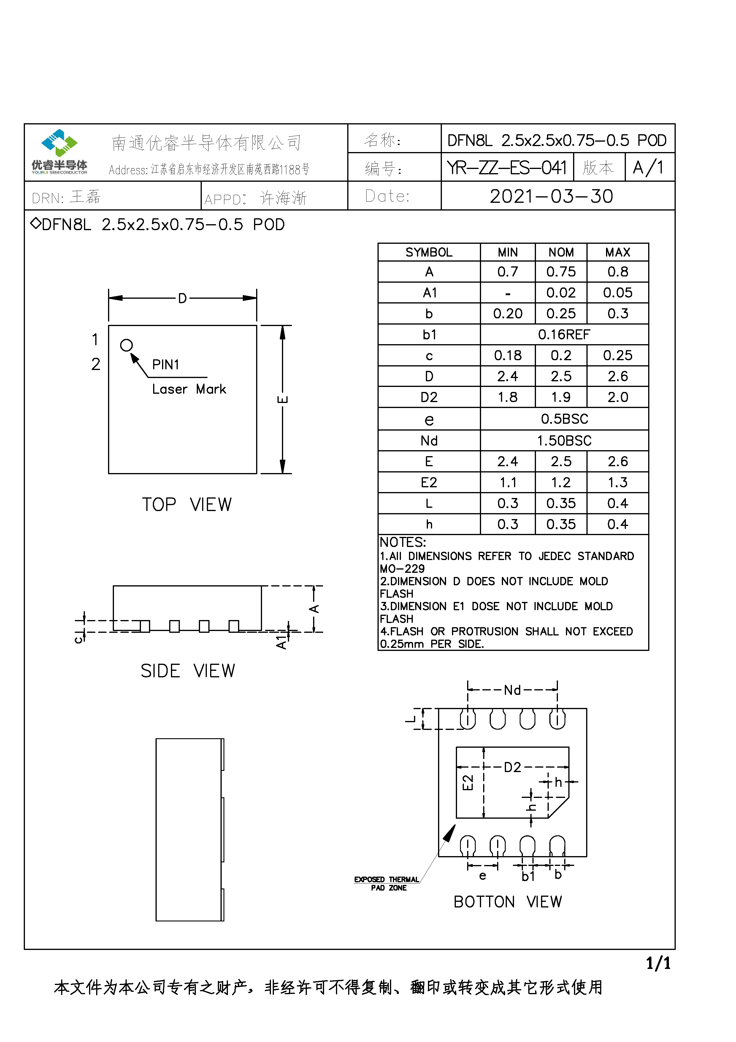 (8) DFN8L(2.5X2.5X0.75-0.50) - 南通优睿半导体有限公司