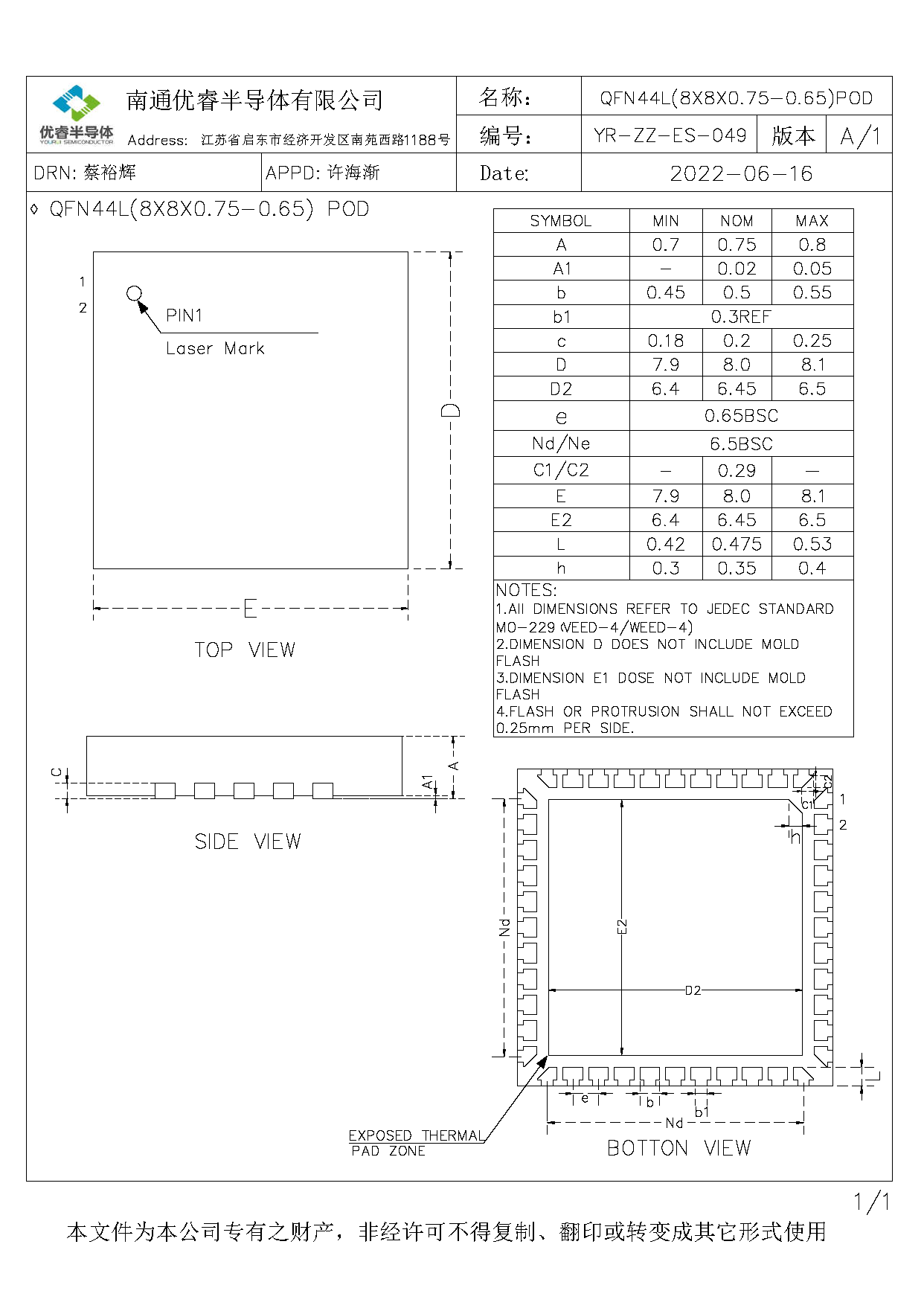 (11) QFN44L(08X08X0.75-0.65) - 南通优睿半导体有限公司