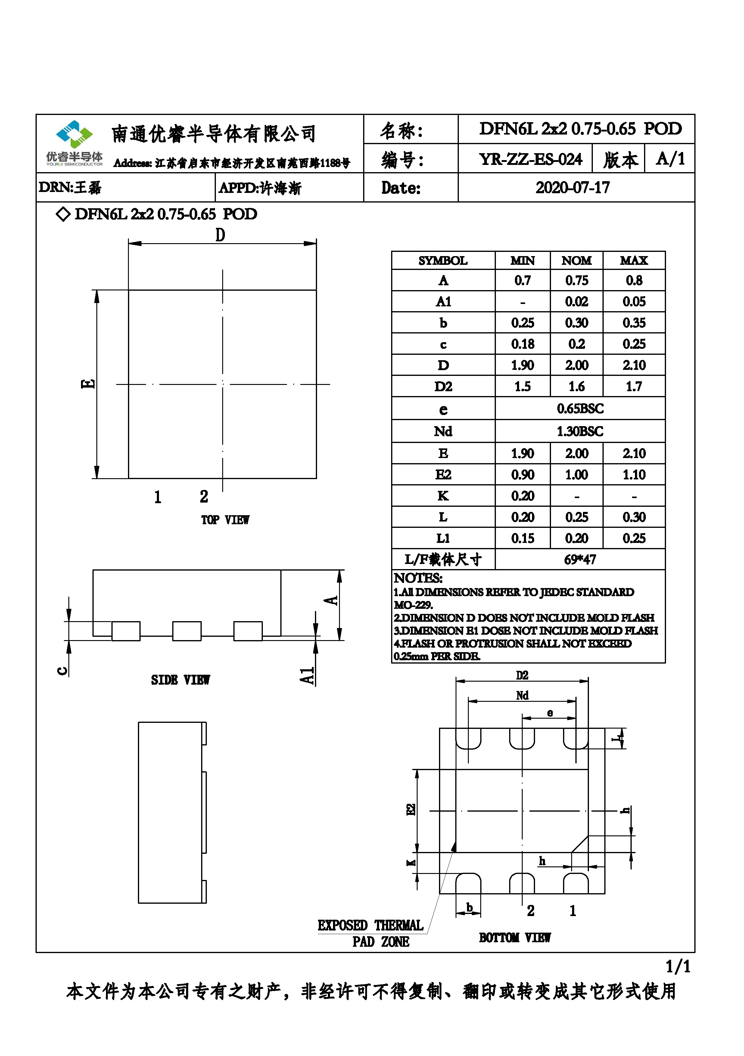 (4) DFN6L(02X02X0.75-0.65) POD - 南通优睿半导体有限公司
